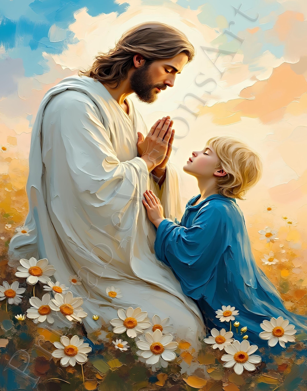 Jesus and Little Boy Praying, Modern Christian Art, Jesus Christ and ...