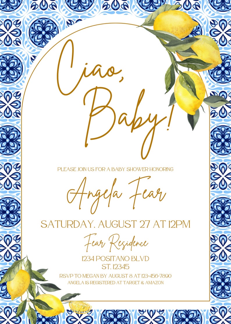 Ciao, Baby! Editable Summer Amalfi Coast Lemon & Blue Tile Italian ...