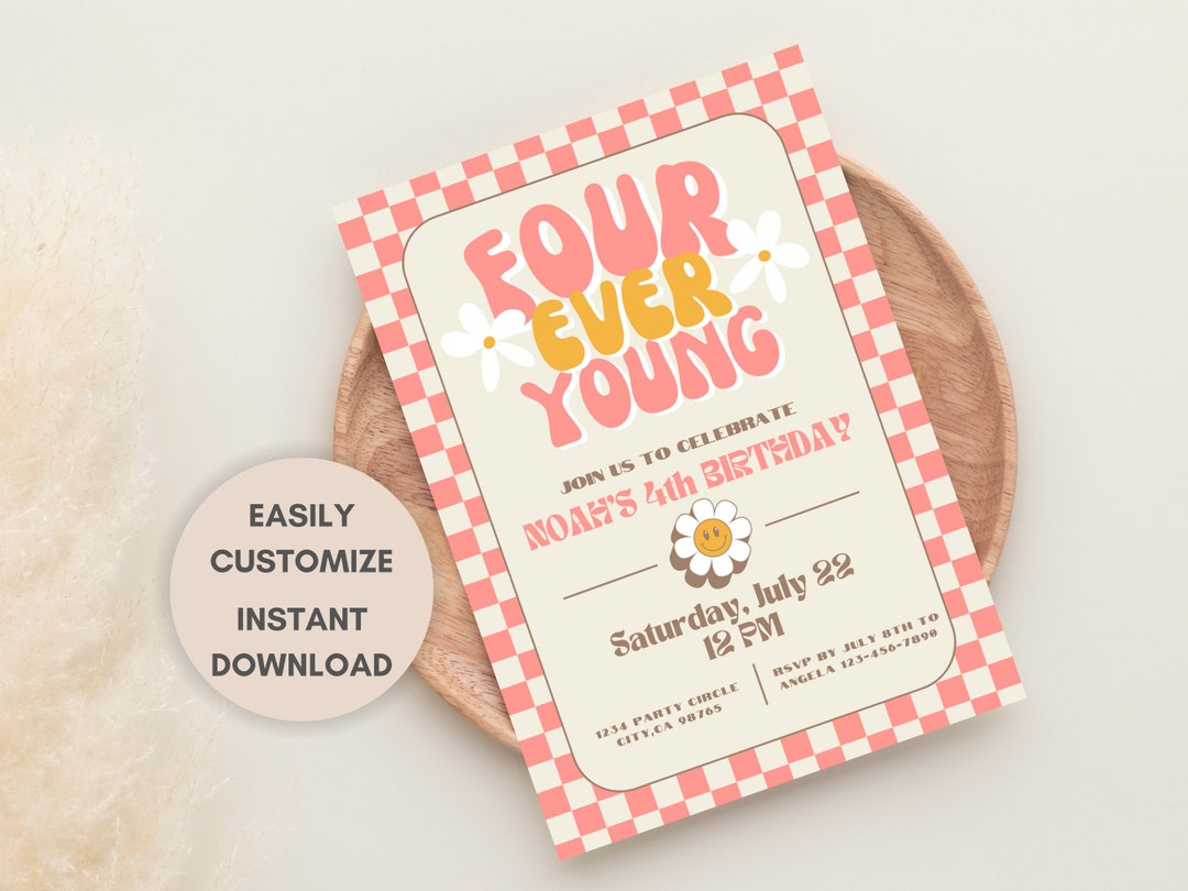 Four Ever Young - Editable Fourth Birthday Invitation Template for Girl ...