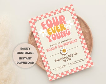 Four Ever Young Editable Fourth Birthday Invitation Template for Boy ...