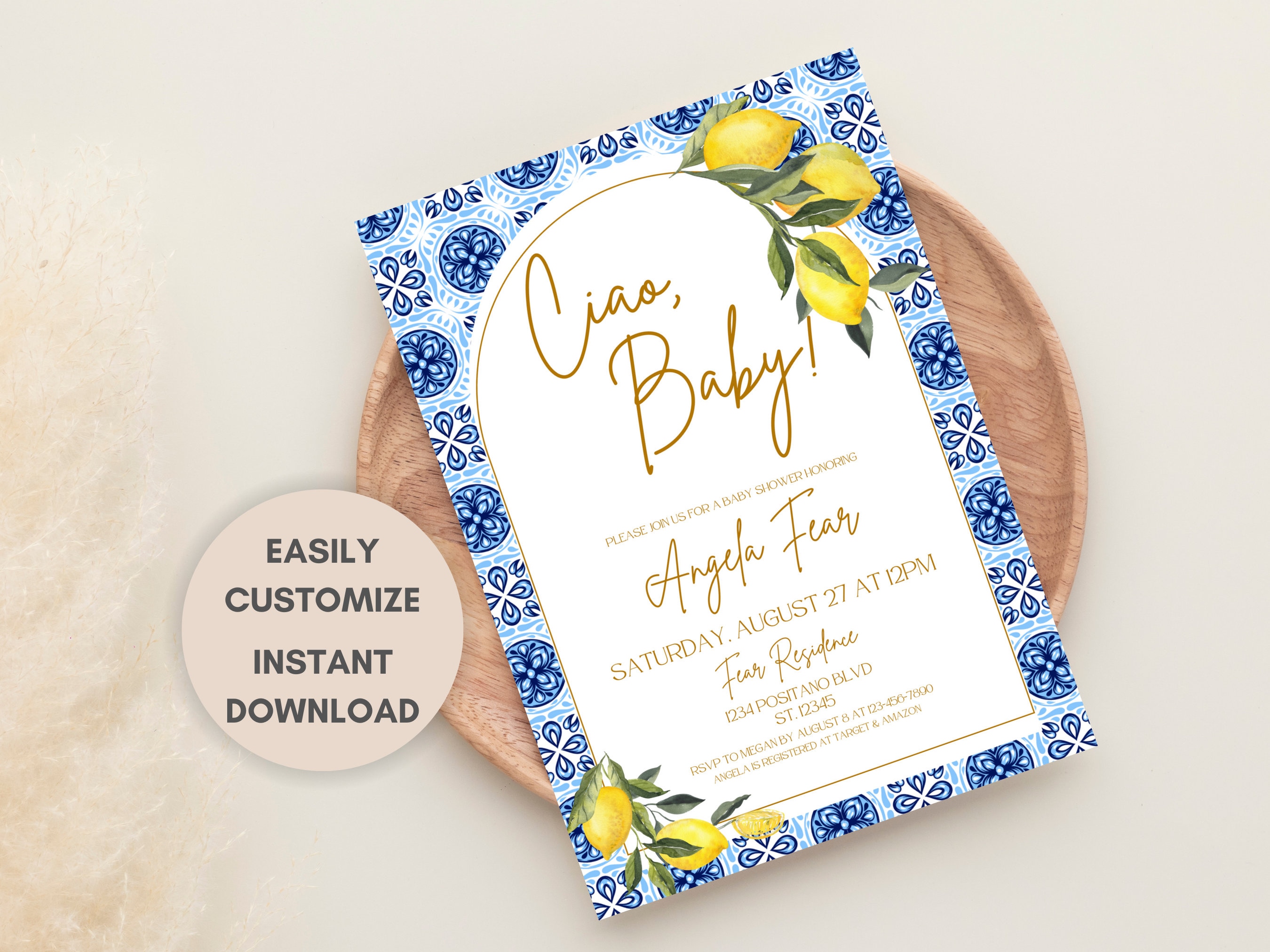 Ciao, Baby! Editable Summer Amalfi Coast Lemon & Blue Tile Italian ...