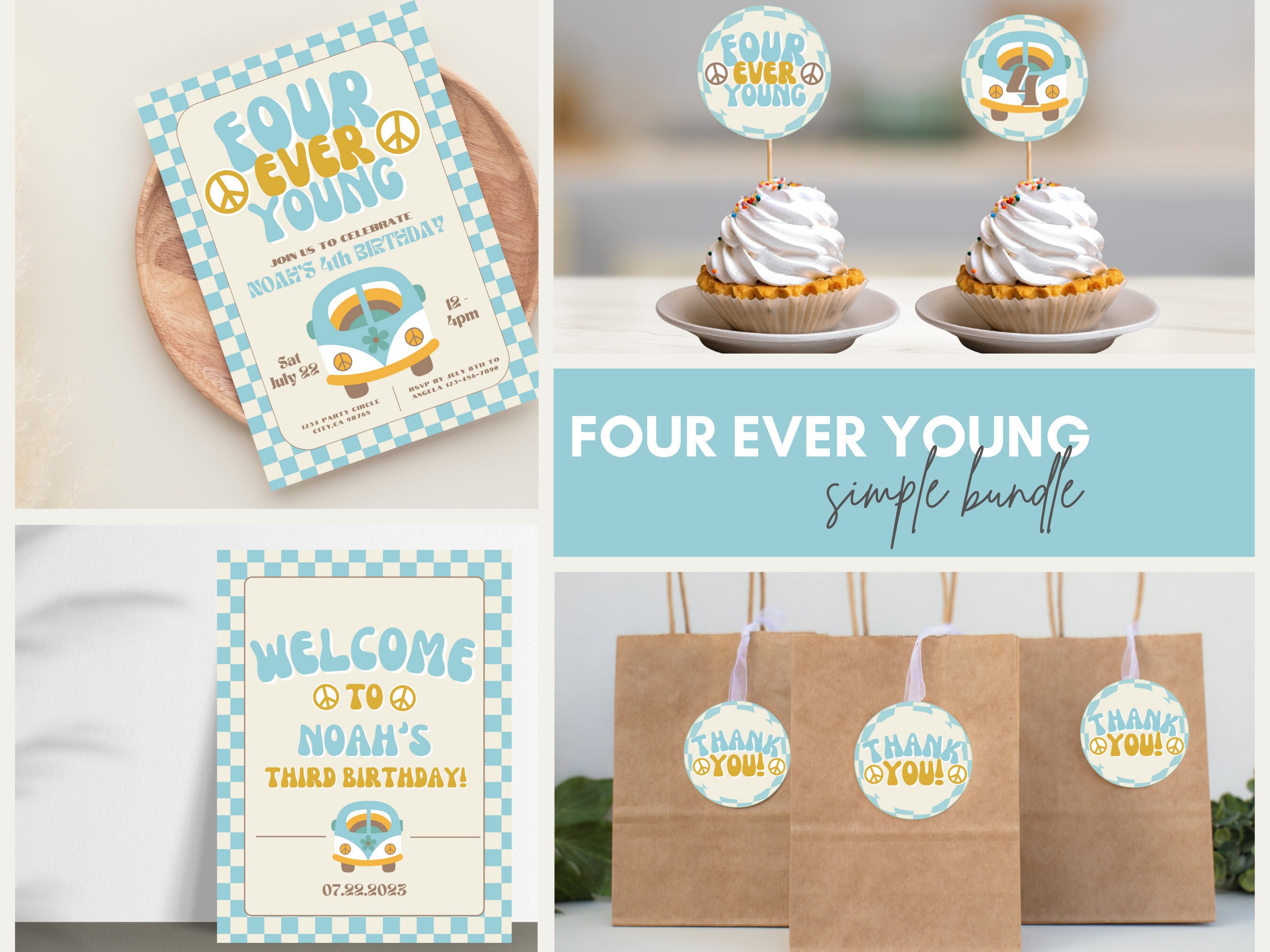 Four Ever Young Birthday Simple Bundle - Customizable, Instant Download ...