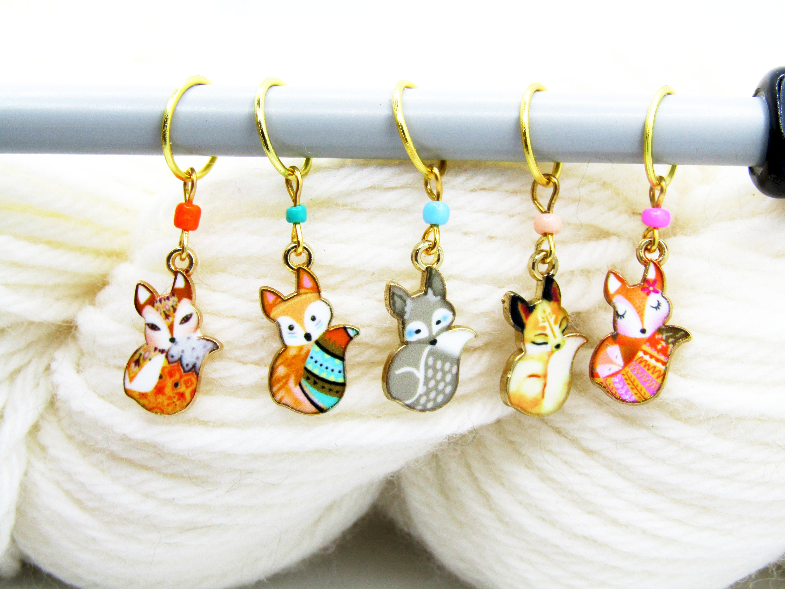 Set of 5 Non Snag Fox Stitch Markers, Adorable Fox Ring Markers ...