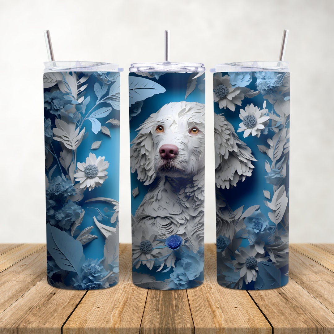 3D White Dog Blue Flowers 20 Oz Skinny Tumbler Sublimation - Etsy