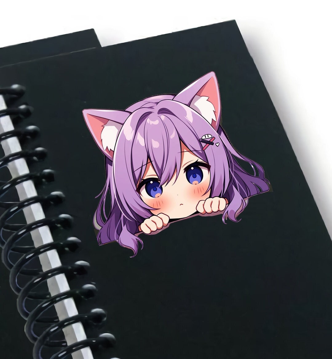 Purple Hair Cat Ears Anime Girl Sticker Kawaii Peeking Stickers ...