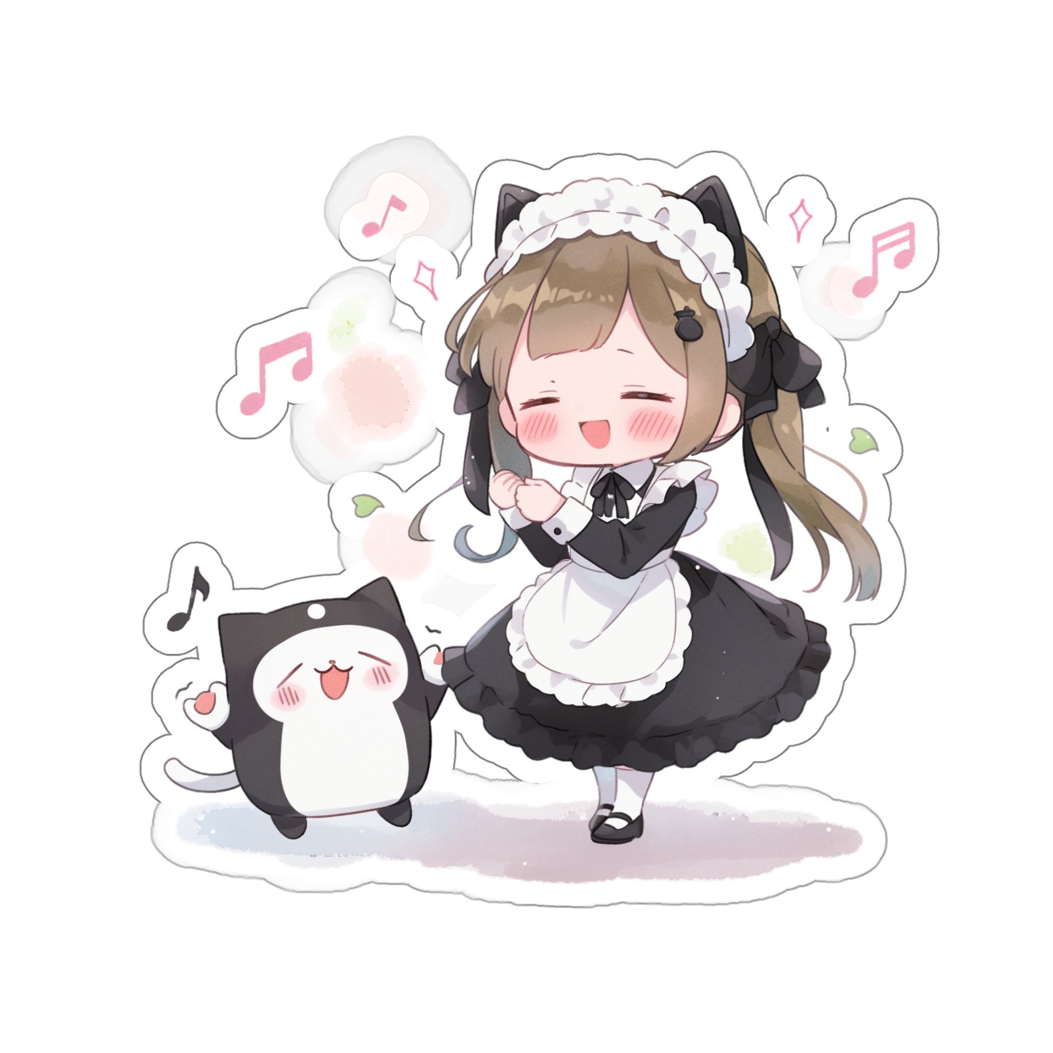 Anime Maid Cat Ears Girl Dancing With Kitty Cute Chibi Sticker Maid ...