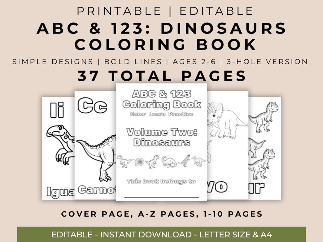 ABC Dinosaurs Coloring Pages Printable, A-Z 123 Alphabet Coloring Book ...