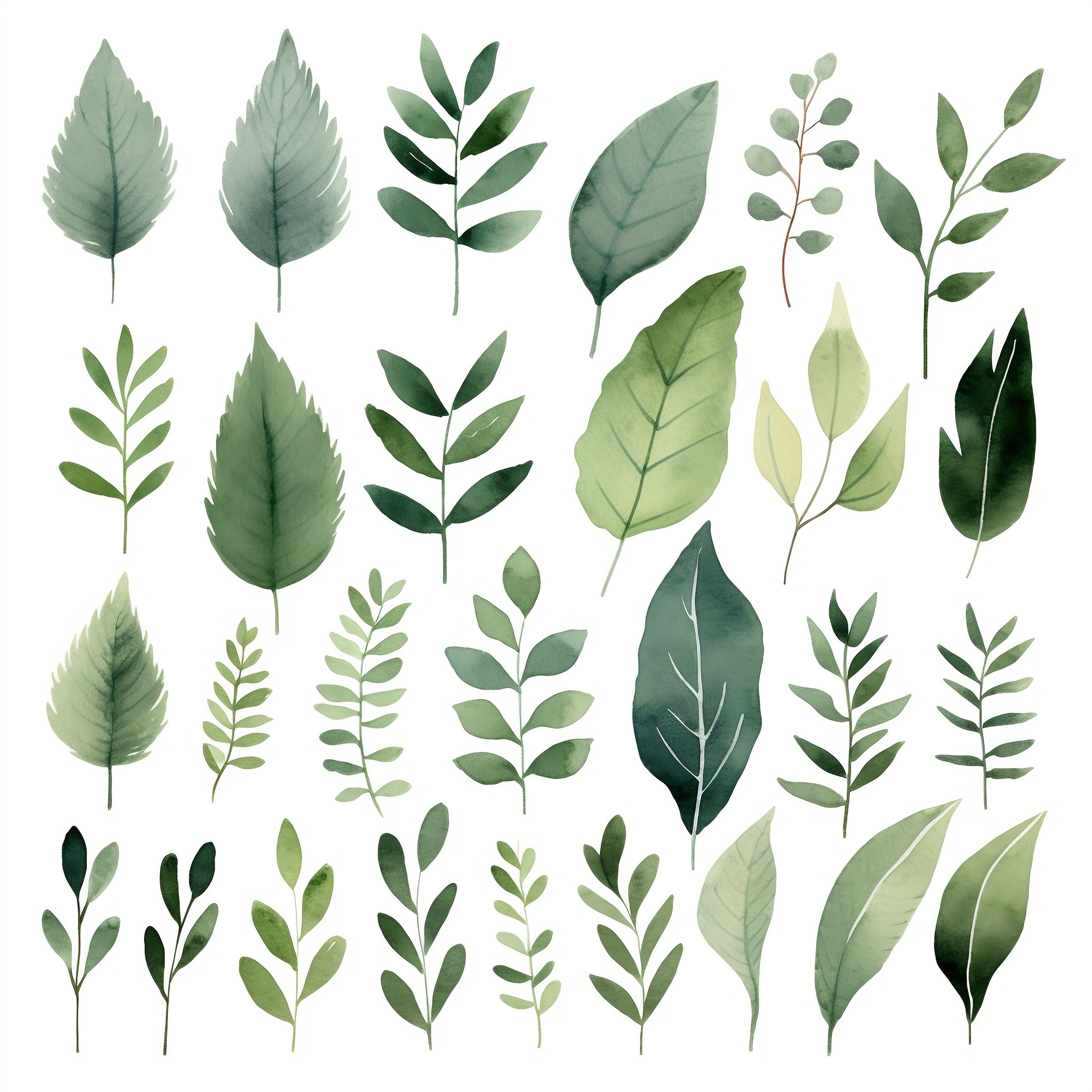 Watercolor Greenery Foliage Clipart Set: 28 PNG, Watercolor Leaves ...