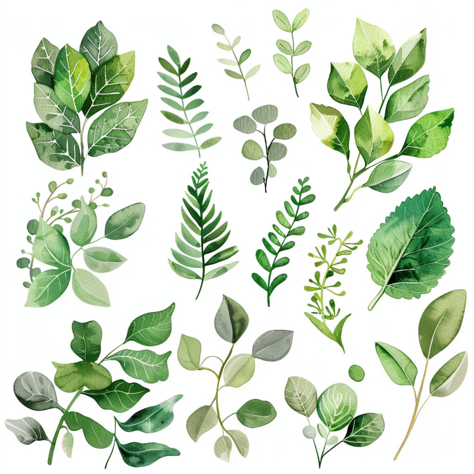 Watercolor Greenery Foliage Clipart Set: 32 PNG, Watercolor Leaves ...