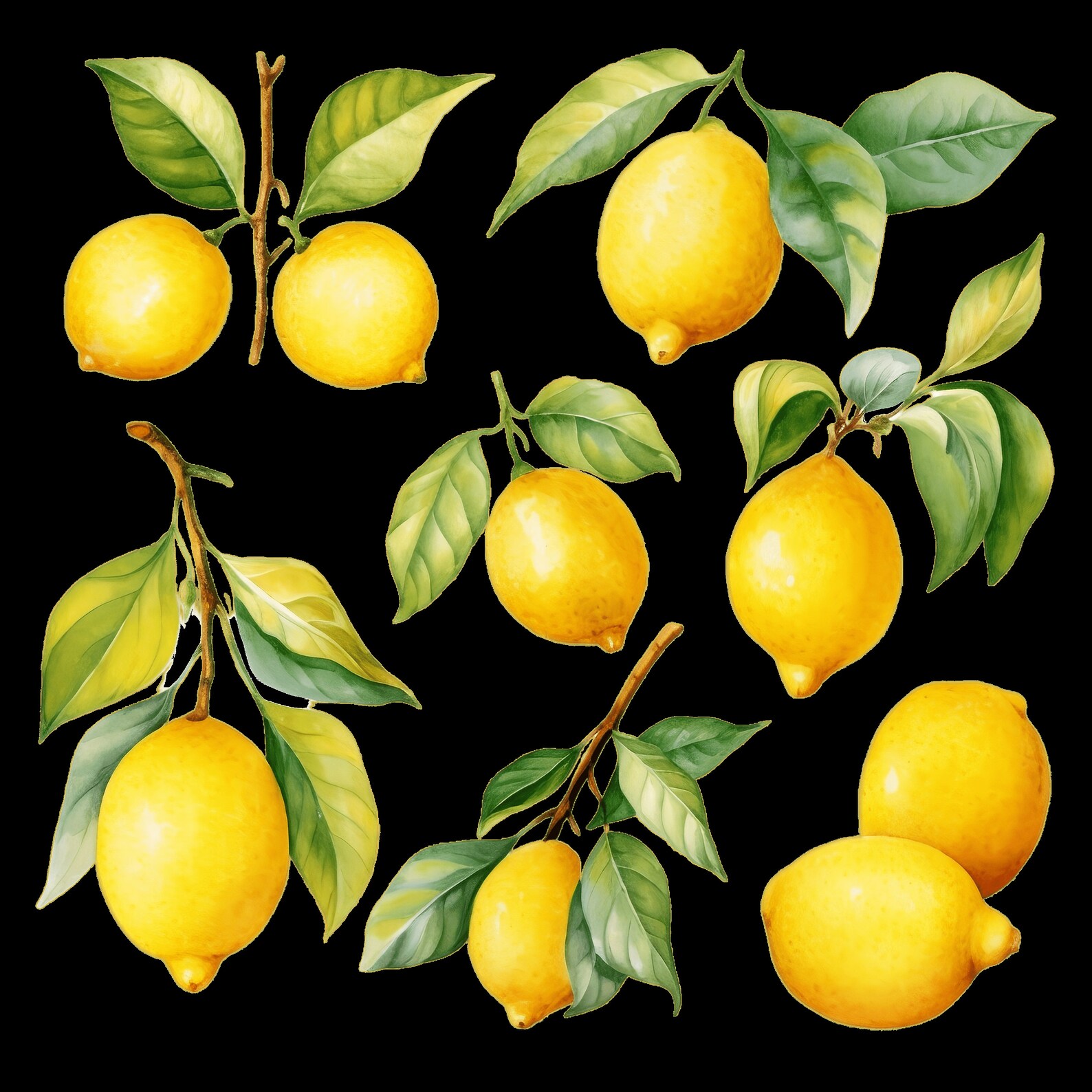 Watercolor Lemon Clipart Set: 16 Images, Fruit, Foliage, Lemon Art ...