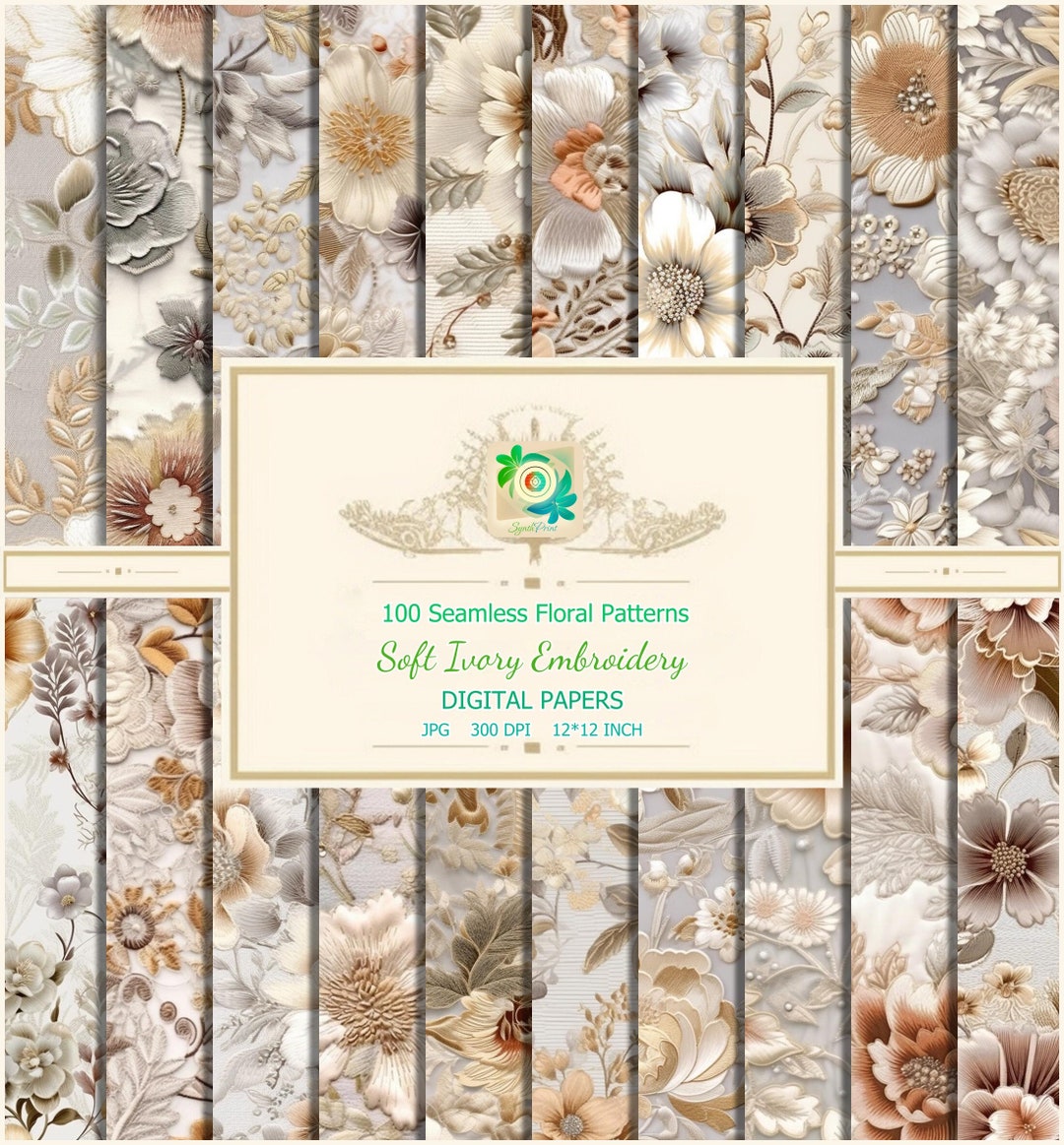 Seamless Embroidery Flower Patterns Bundle of Soft Ivory Digital Floral ...