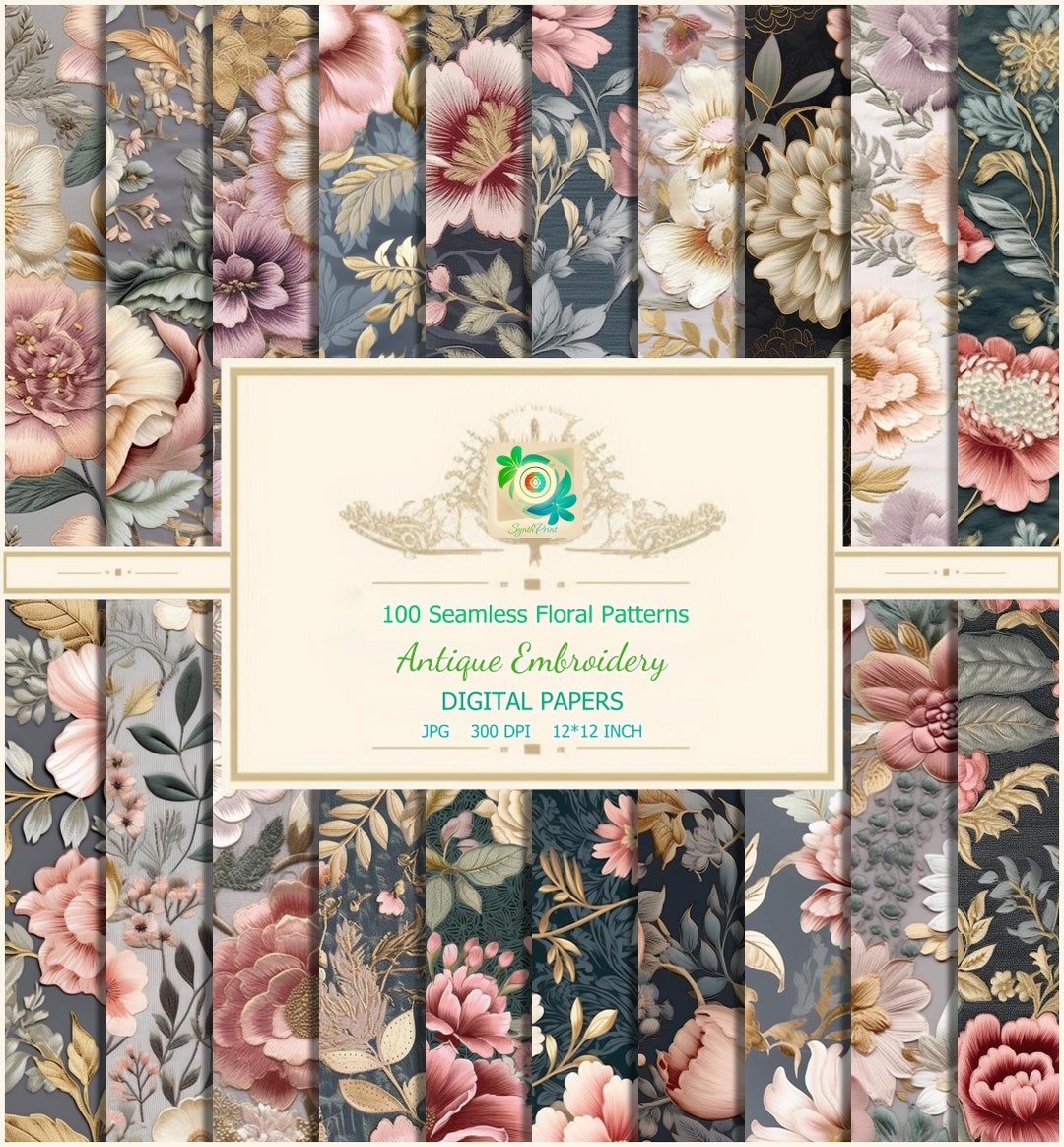 Seamless Embroidery Flower Patterns Bundle of 100 Repeating Printable ...