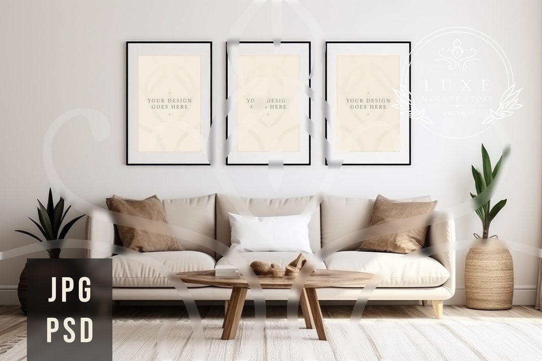 Black Frames Mockup, Three Living Room Wall Frames Mockup, PSD JPG ...