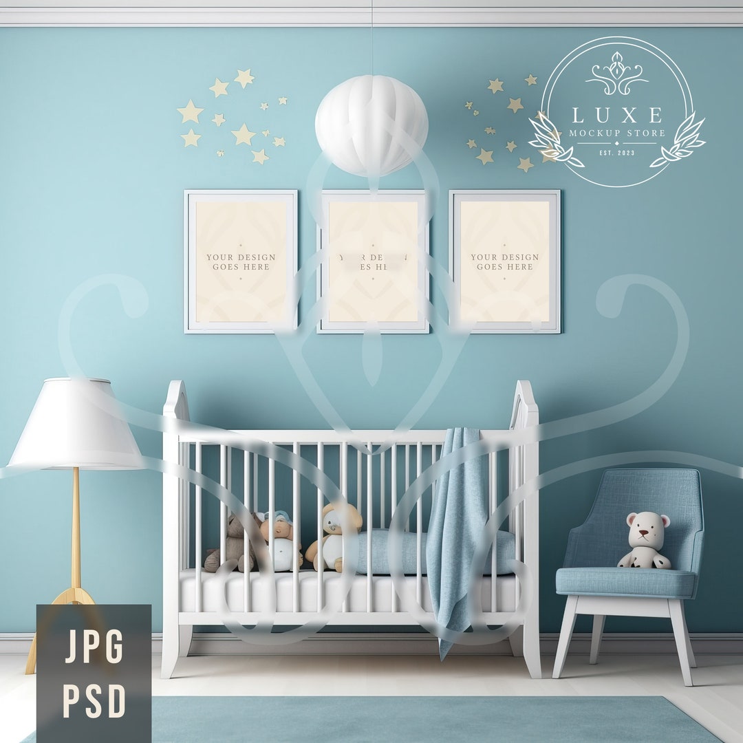 Blue Nursery Frames Mockup, Three Children's Frames, PSD JPG Wall Art ...