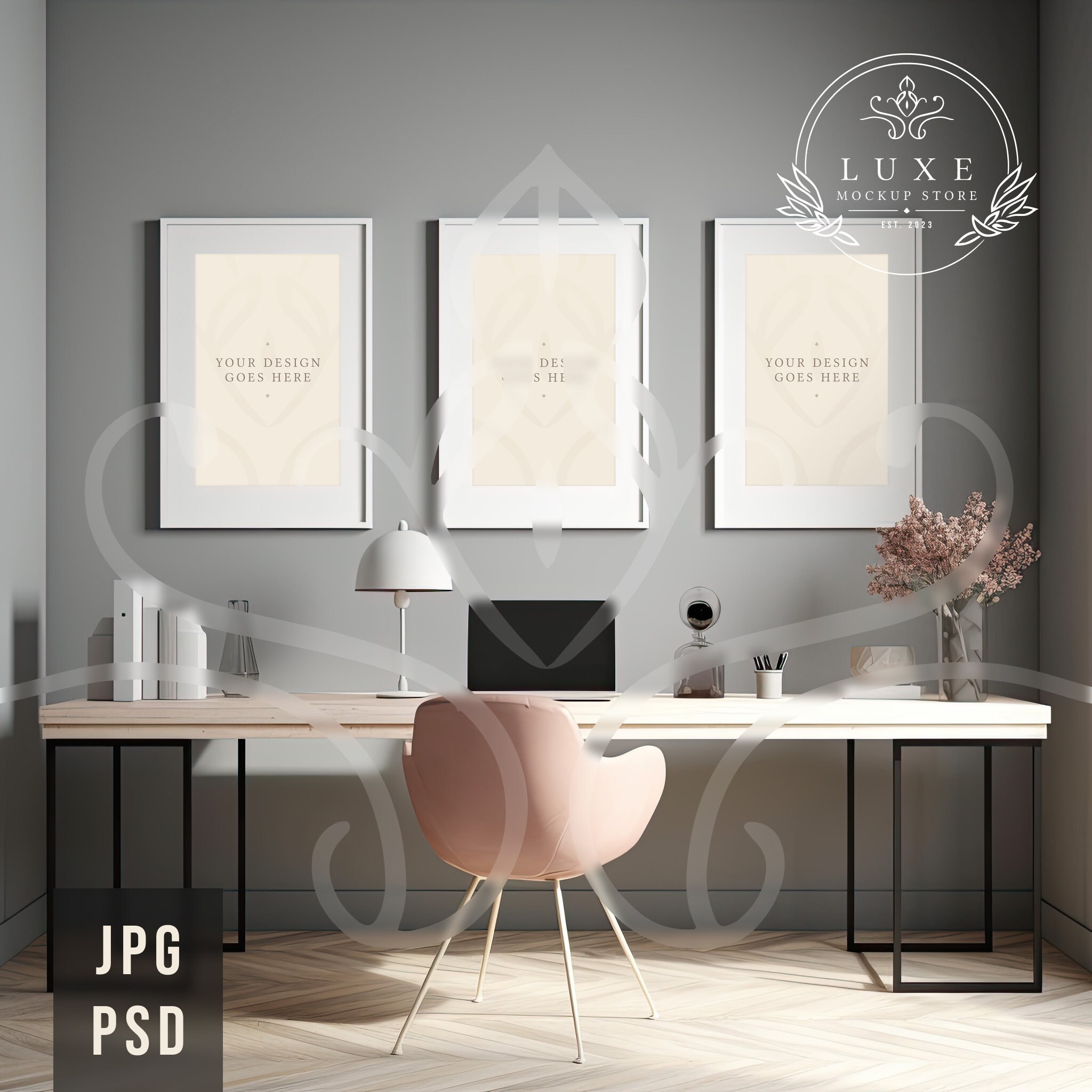 Three Frames Mockup, White Frames Mockup, Pretty Office Wall Mockup ...