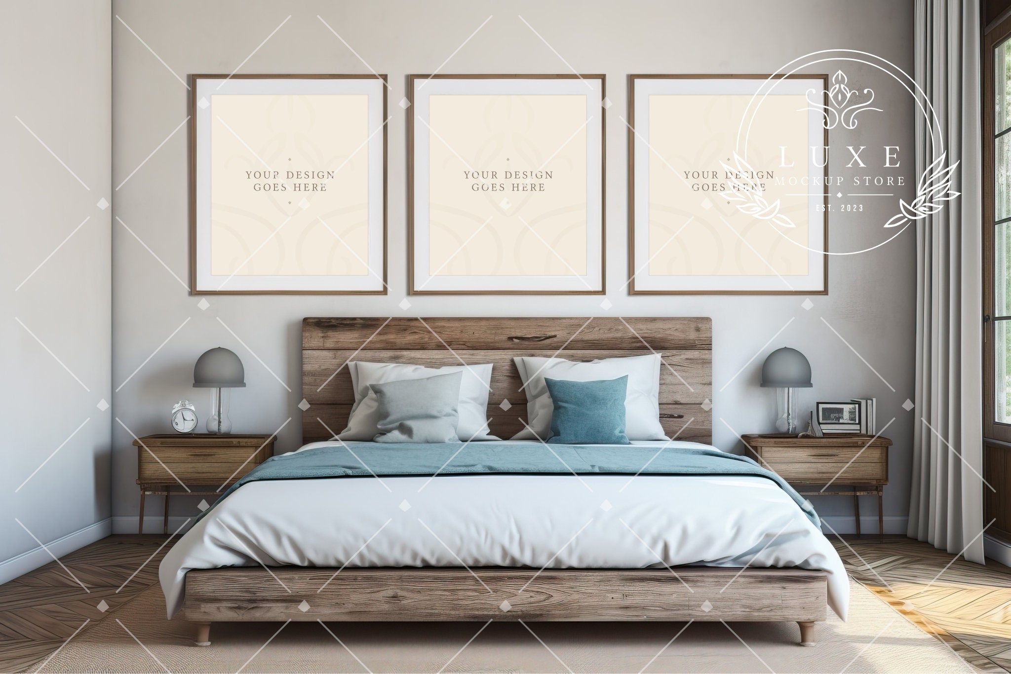 Frame Set Mockup, Three Large Square Frames Mockup, Bedroom Interior ...