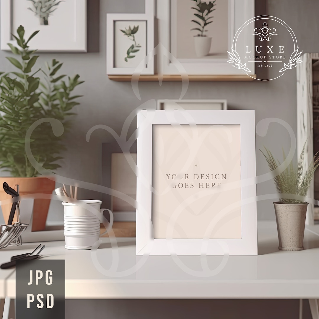 White Wood Frame Mockup, Frame Art Mockup, Office Desk Frame Mockup ...