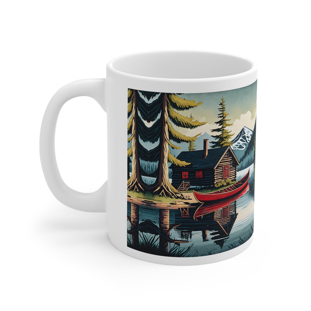 Log Cabin Coffee Mug: Lakeside Cabin & Canoe Gift - Etsy