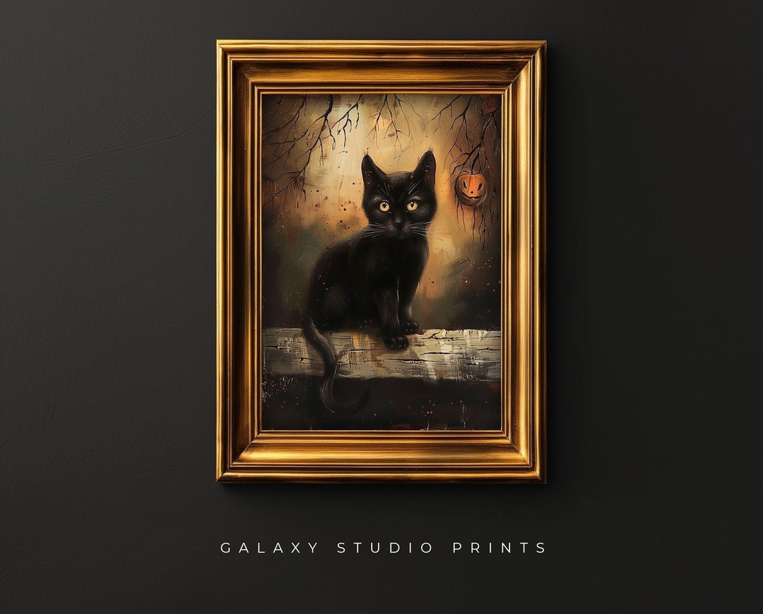Cute Black Cat Halloween Wall Art, Dark Academia Decor, Printable ...