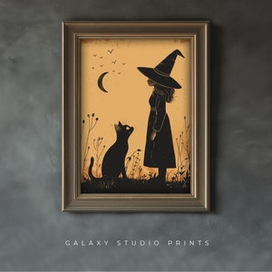 Halloween Art Print Witch and Her Cat Wall Art, Whimsical Halloween ...