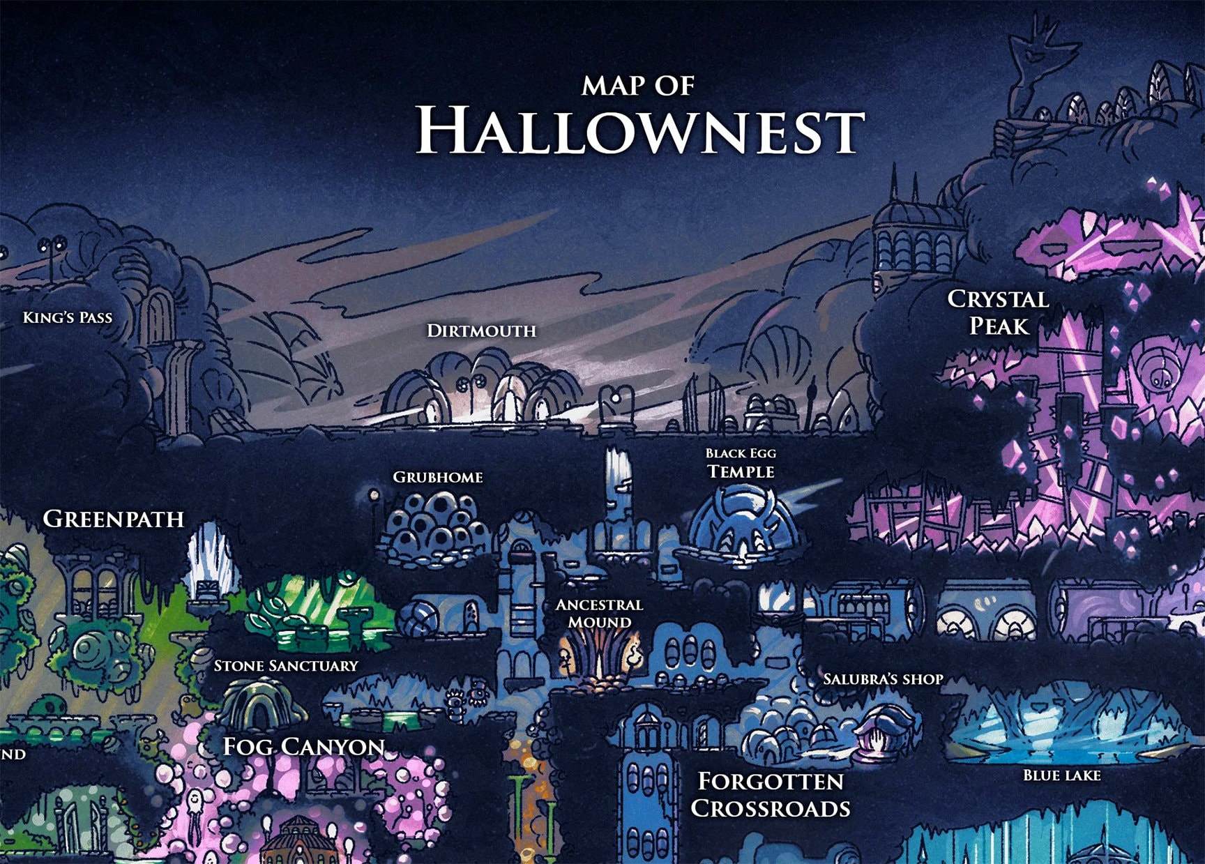 Hollow Knight Map Poster, Game Art Wall Decor, Hallownest World Map ...