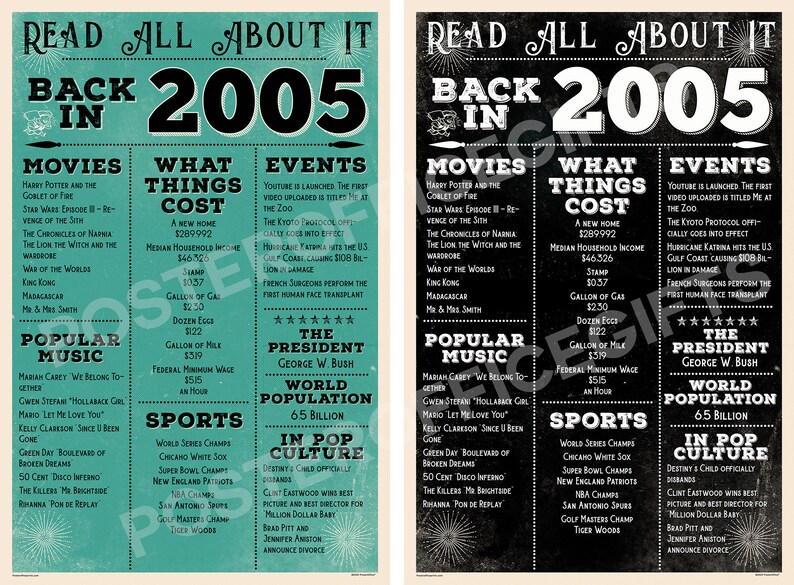 Back in 2005 the Year You Were Born PRINTABLE Birthday Poster Birthday ...