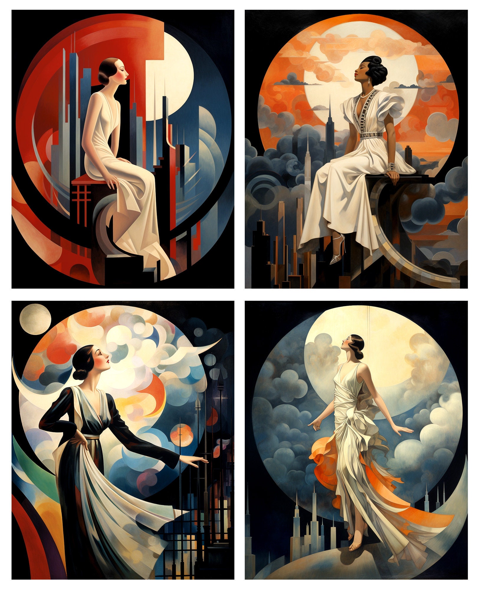 Art Deco 1920's Style Art Prints of "women and the Moon". 4 Prints in ...