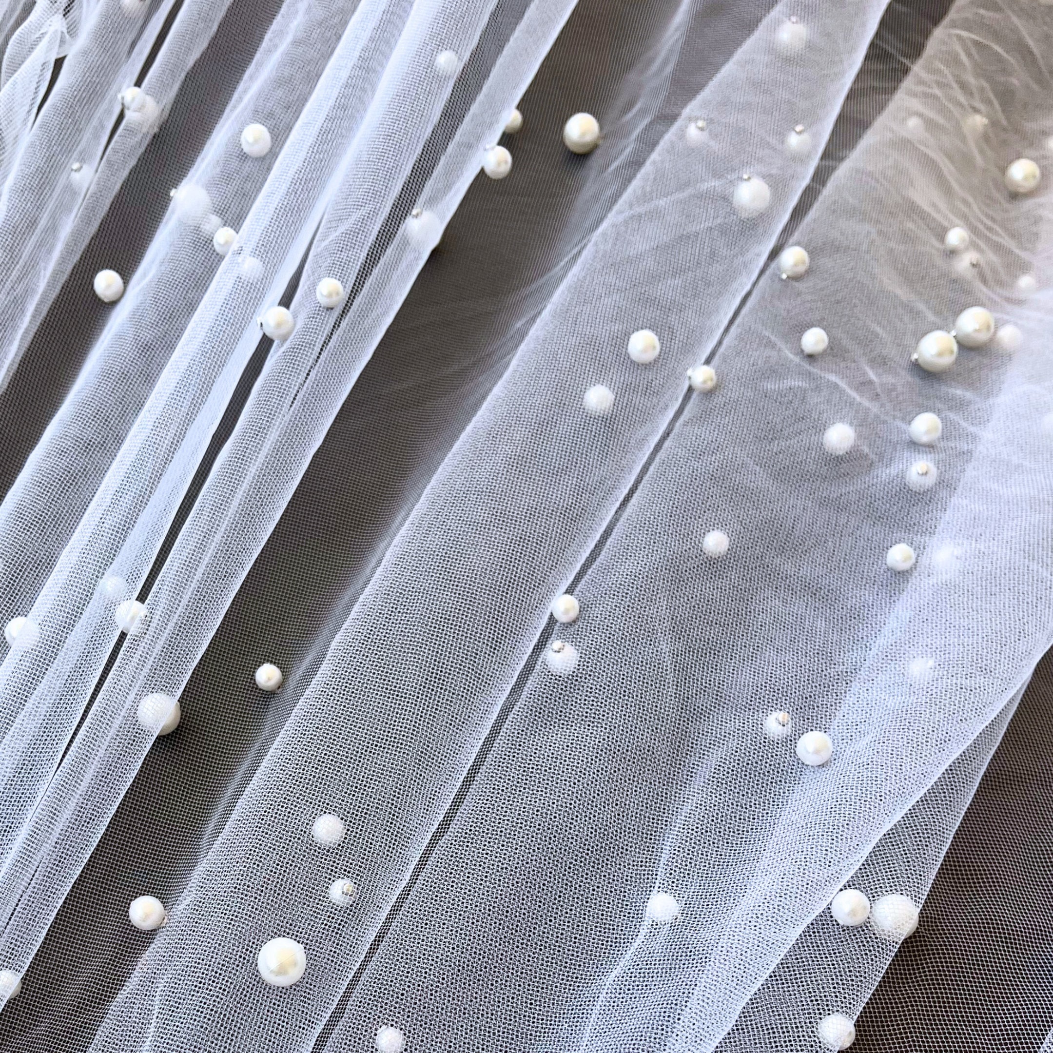 White Beaded Tulle Fabric by the Yard, Scattered Pearl Tulle Fabric for ...