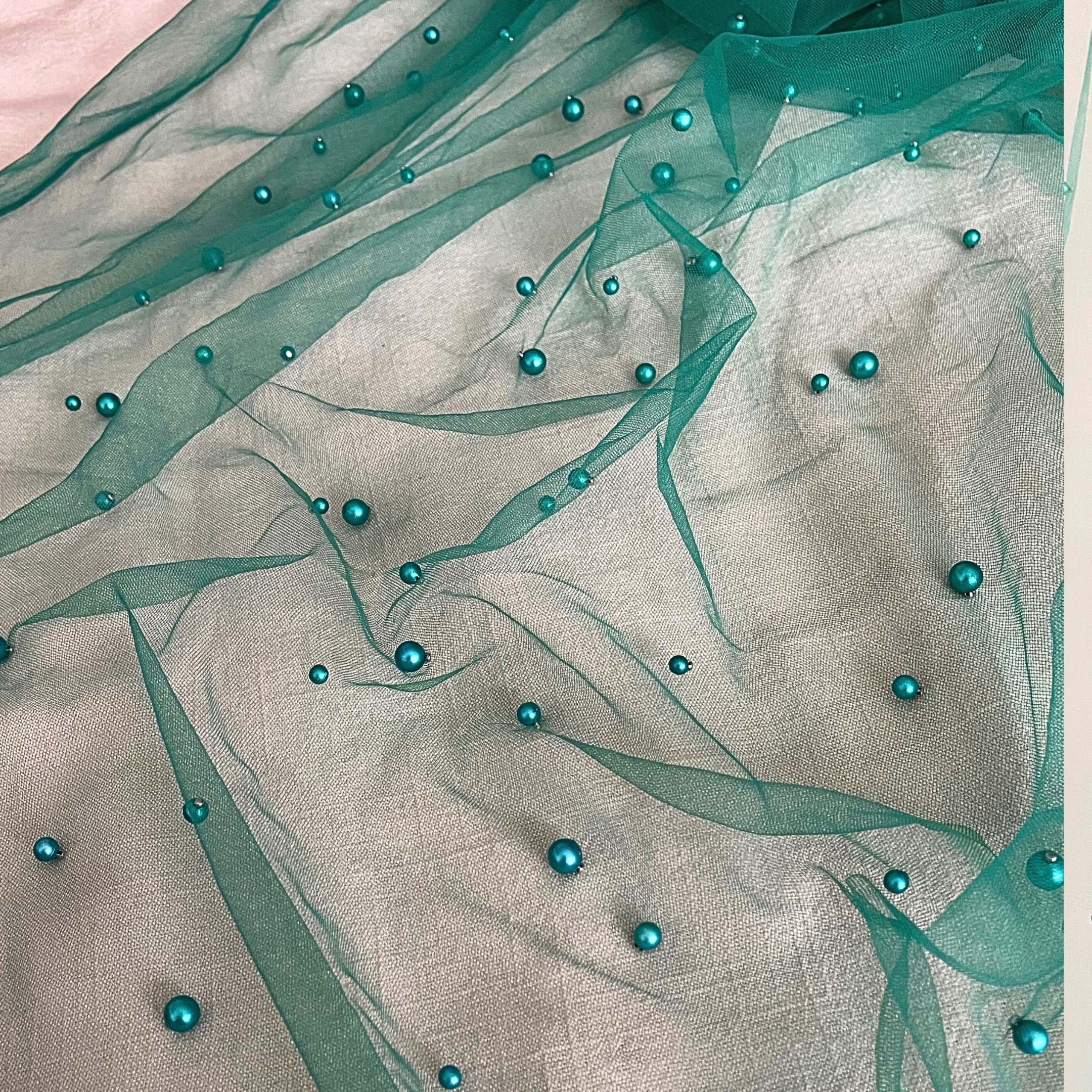Emerald Green Tulle Fabric Scattered Pearls Studded Mesh Green Fabric ...