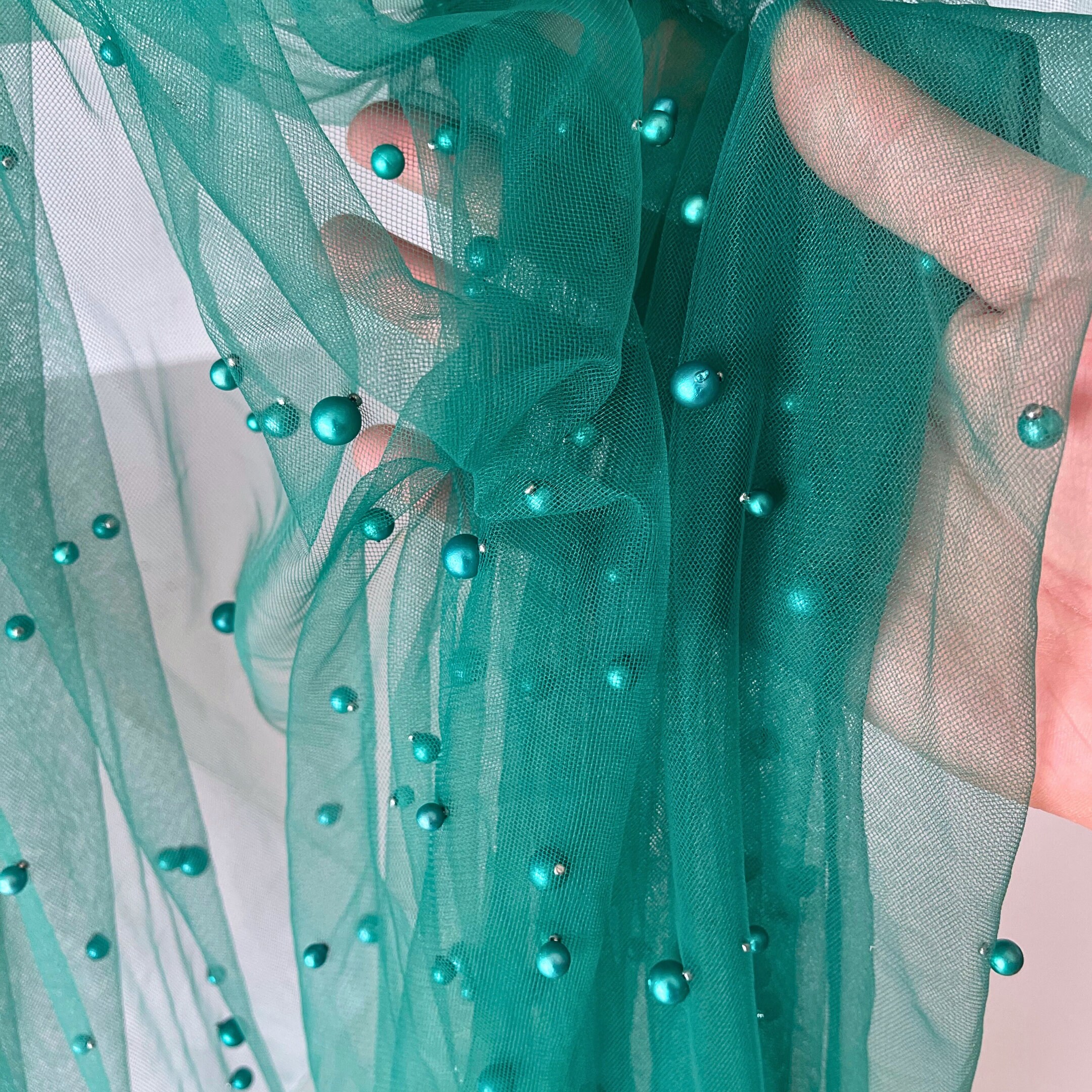 Emerald Green Tulle Fabric Scattered Pearls Studded Mesh Green Fabric ...