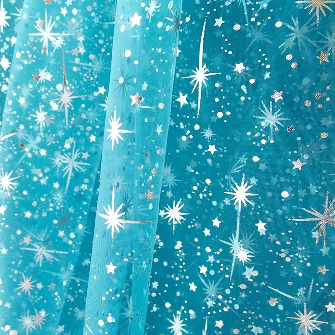 Turquoise Crystal Organza Fabric by the Yard, Silver Snowflake Aqua ...
