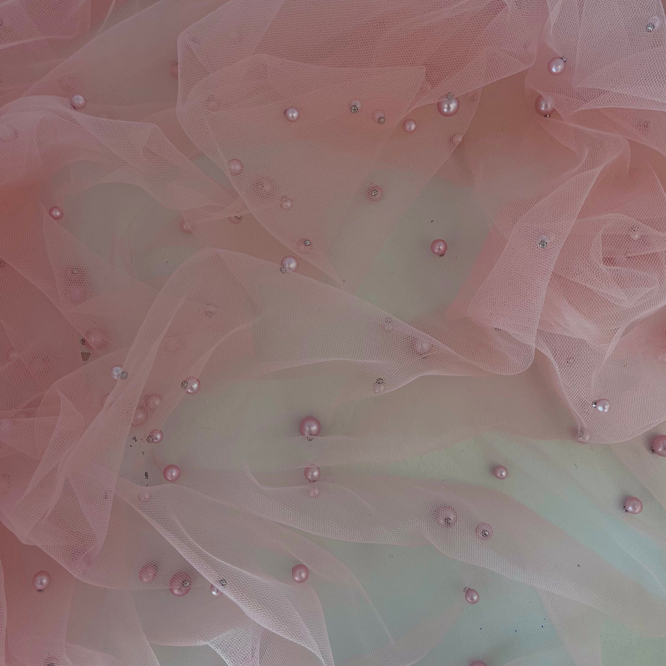 Blush Pink Pearl Tulle Fabric by the Yard, Baby Pink Beaded Tulle ...