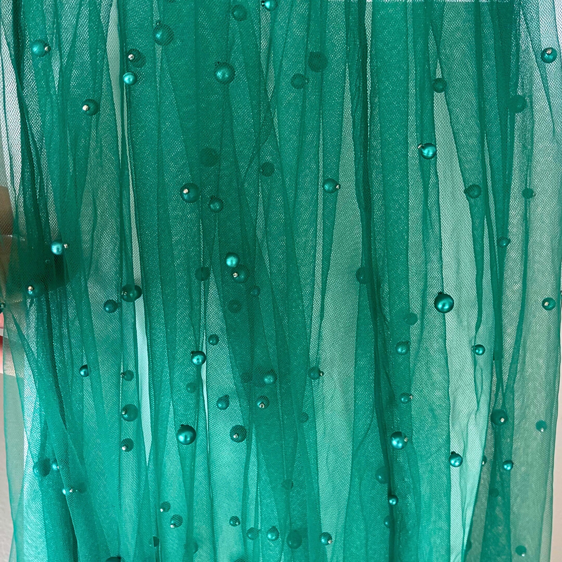 Emerald Green Tulle Fabric Scattered Pearls Studded Mesh Green Fabric ...