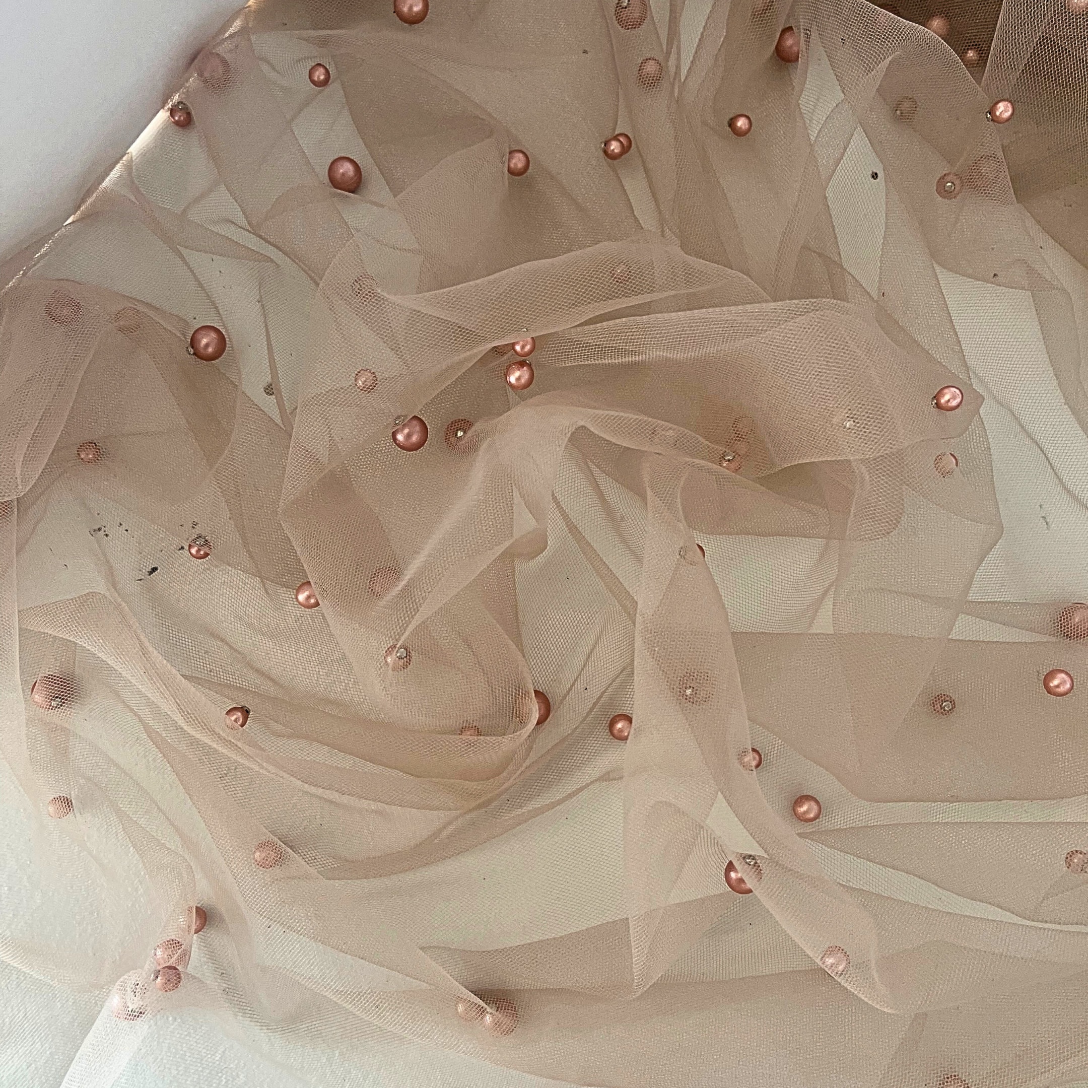 Blush Beaded Tulle Fabric Scattered Pearls on Mesh, Veil Beaded Pearl ...