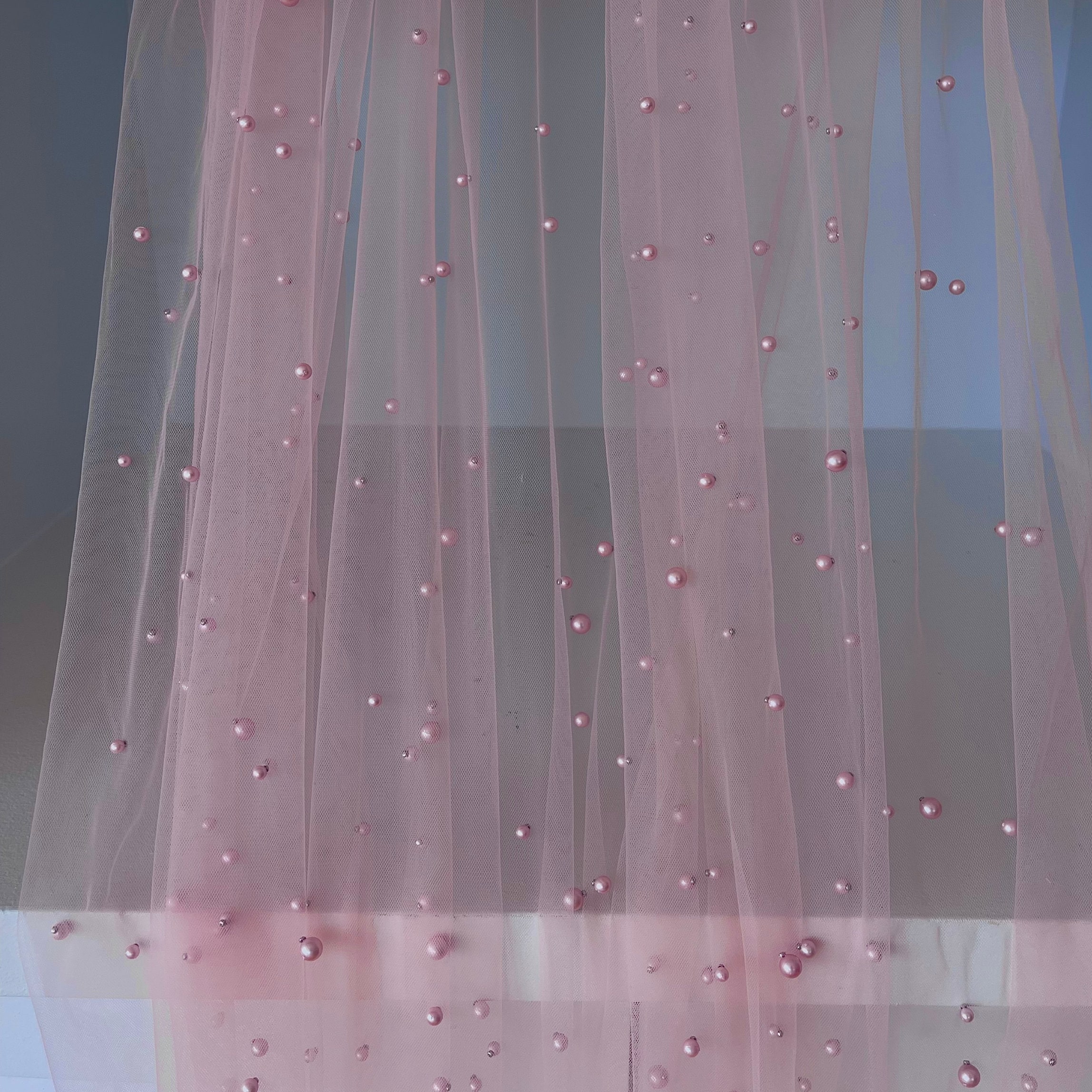 Blush Pink Pearl Tulle Fabric by the Yard, Baby Pink Beaded Tulle ...