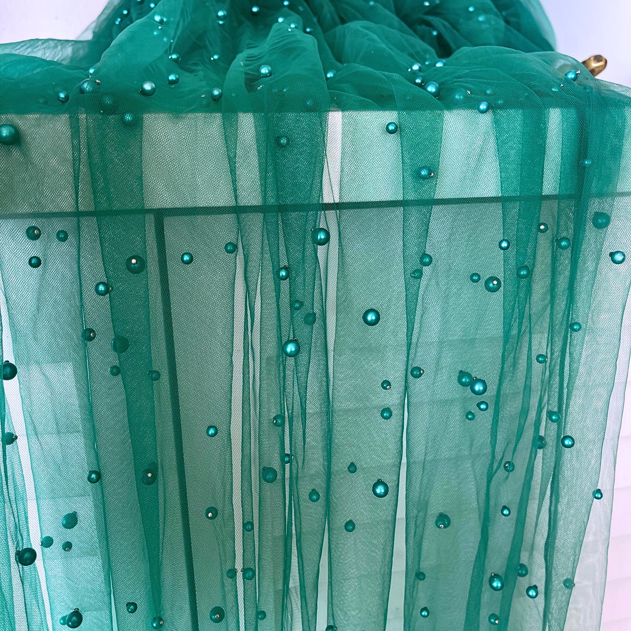 Emerald Green Tulle Fabric Scattered Pearls Studded Mesh Green Fabric ...