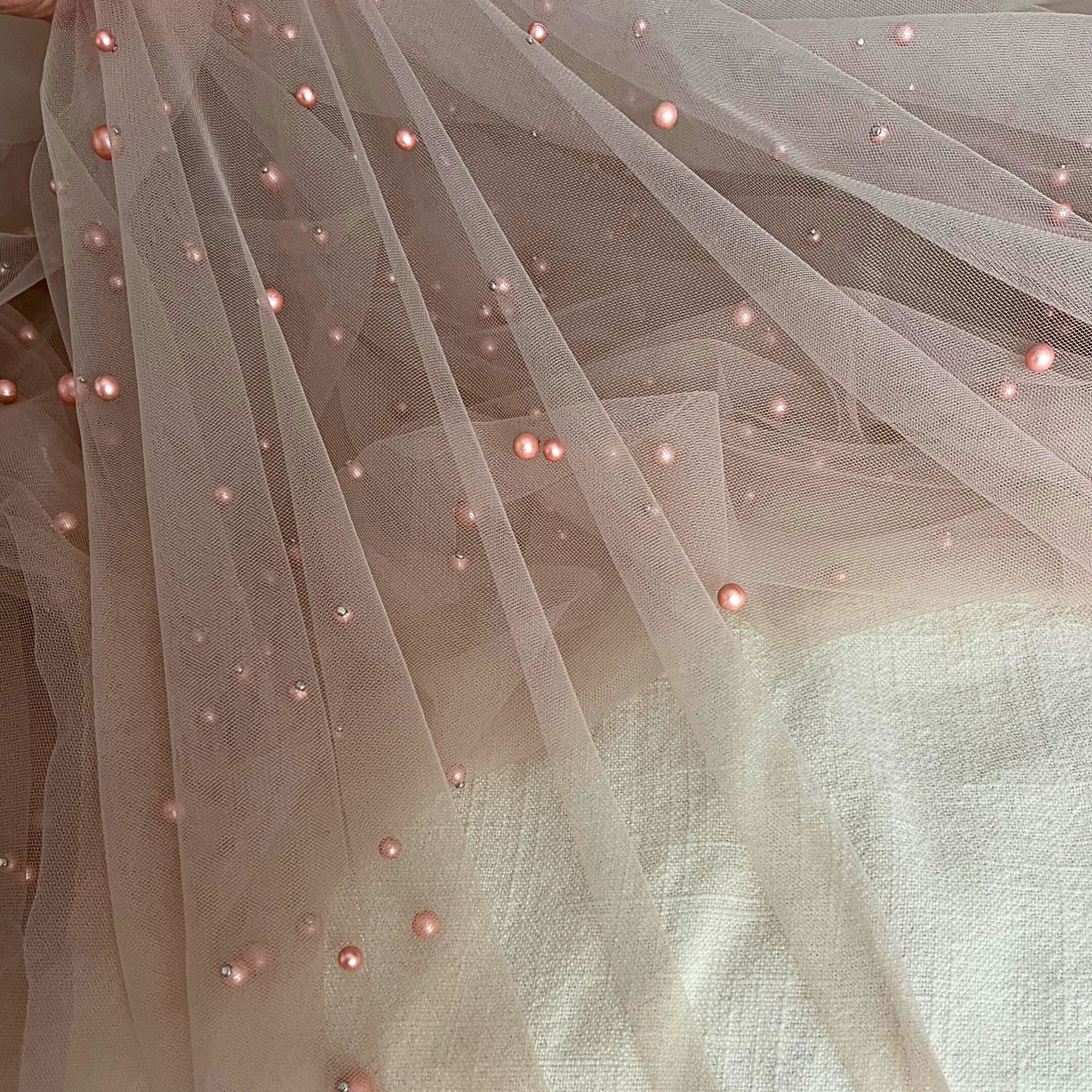 Blush Beaded Tulle Fabric Scattered Pearls on Mesh, Veil Beaded Pearl ...