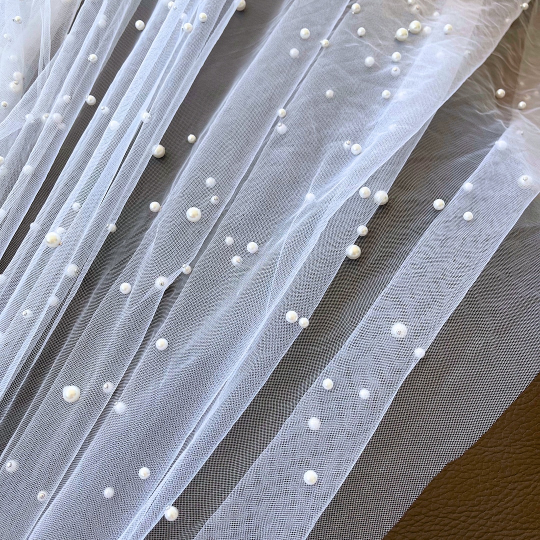 White Beaded Tulle Fabric by the Yard, Scattered Pearl Tulle Fabric for ...