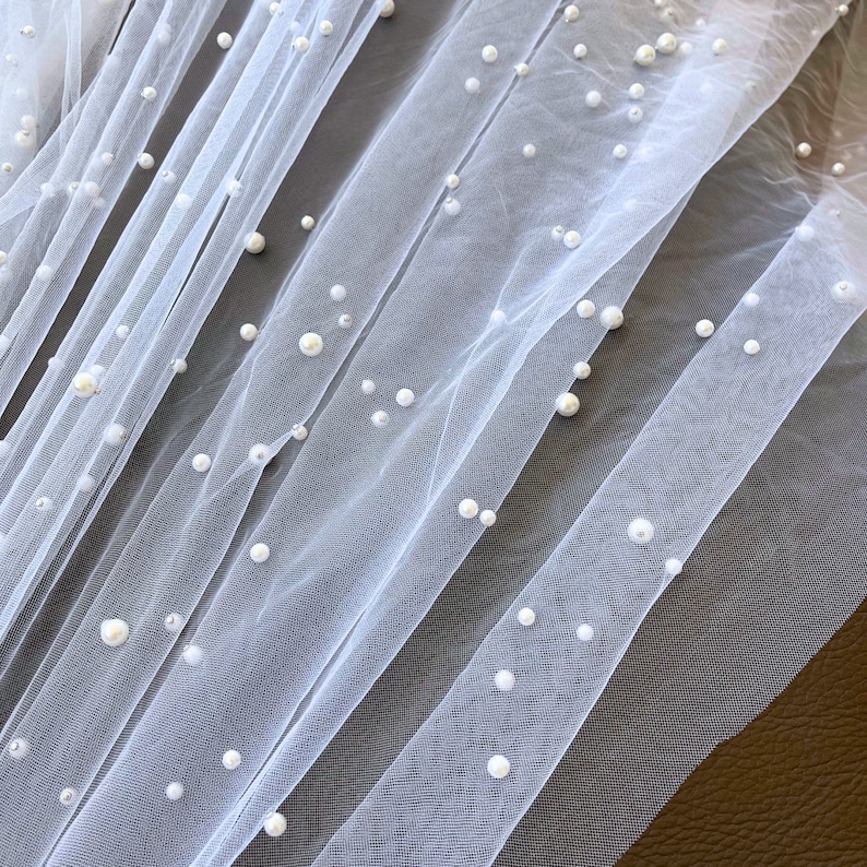 White Beaded Tulle Fabric by the Yard, Scattered Pearl Tulle Fabric for ...