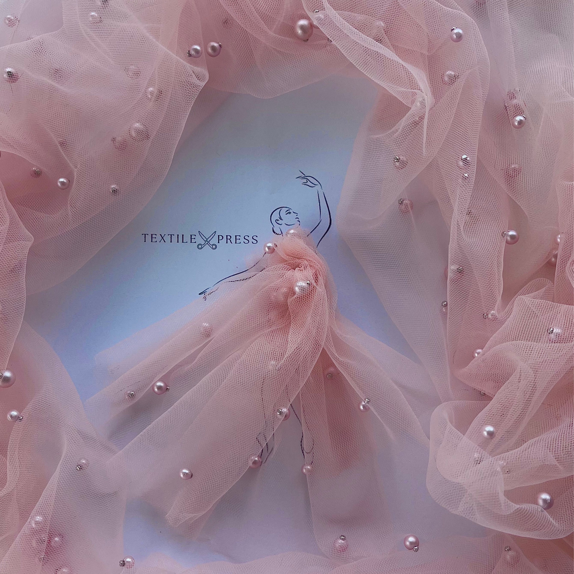Blush Pink Pearl Tulle Fabric by the Yard, Baby Pink Beaded Tulle ...
