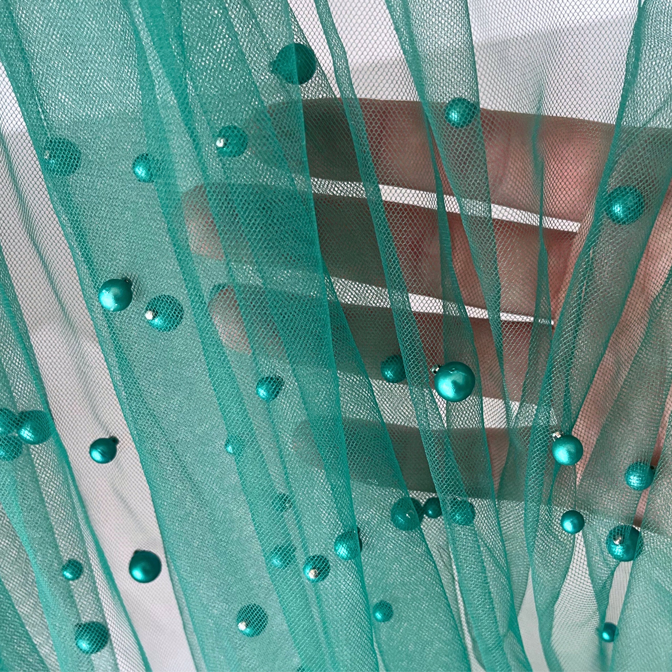 Emerald Green Tulle Fabric Scattered Pearls Studded Mesh Green Fabric ...