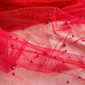 Red Tulle Fabric, Scattered Pearls on Mesh by the Yard, Soft Red Tulle ...