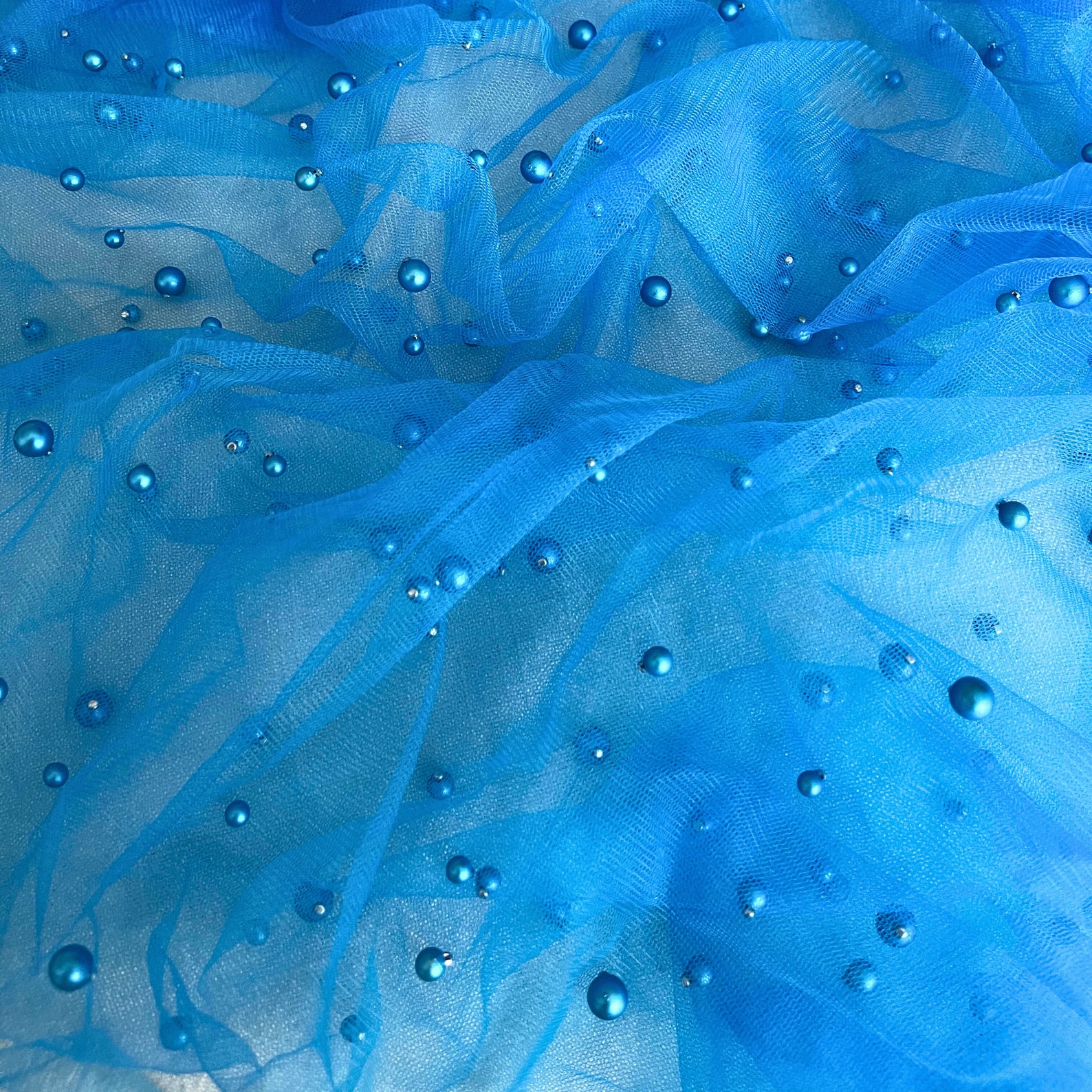 Blue Pearl Tulle Fabric by the Yard, Scattered Pearls on Mesh, Pearls ...