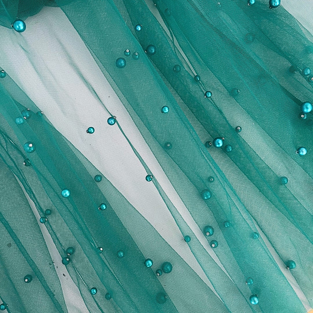 Emerald Green Tulle Fabric Scattered Pearls Studded Mesh Green Fabric ...