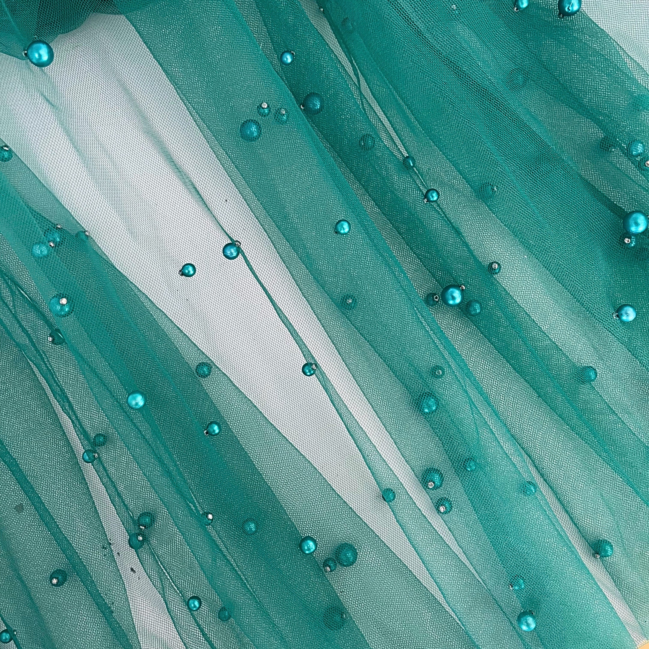 Emerald Green Tulle Fabric Scattered Pearls Studded Mesh Green Fabric ...