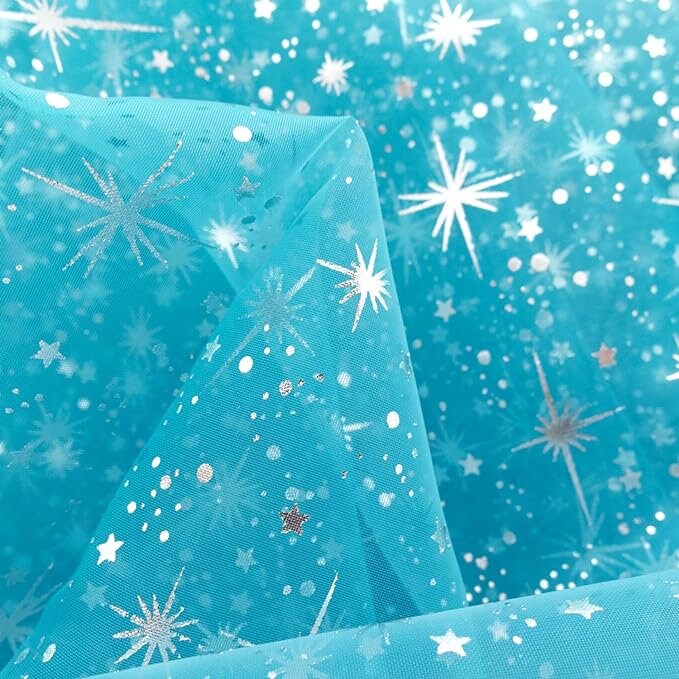 Turquoise Crystal Organza Fabric by the Yard, Silver Snowflake Aqua ...