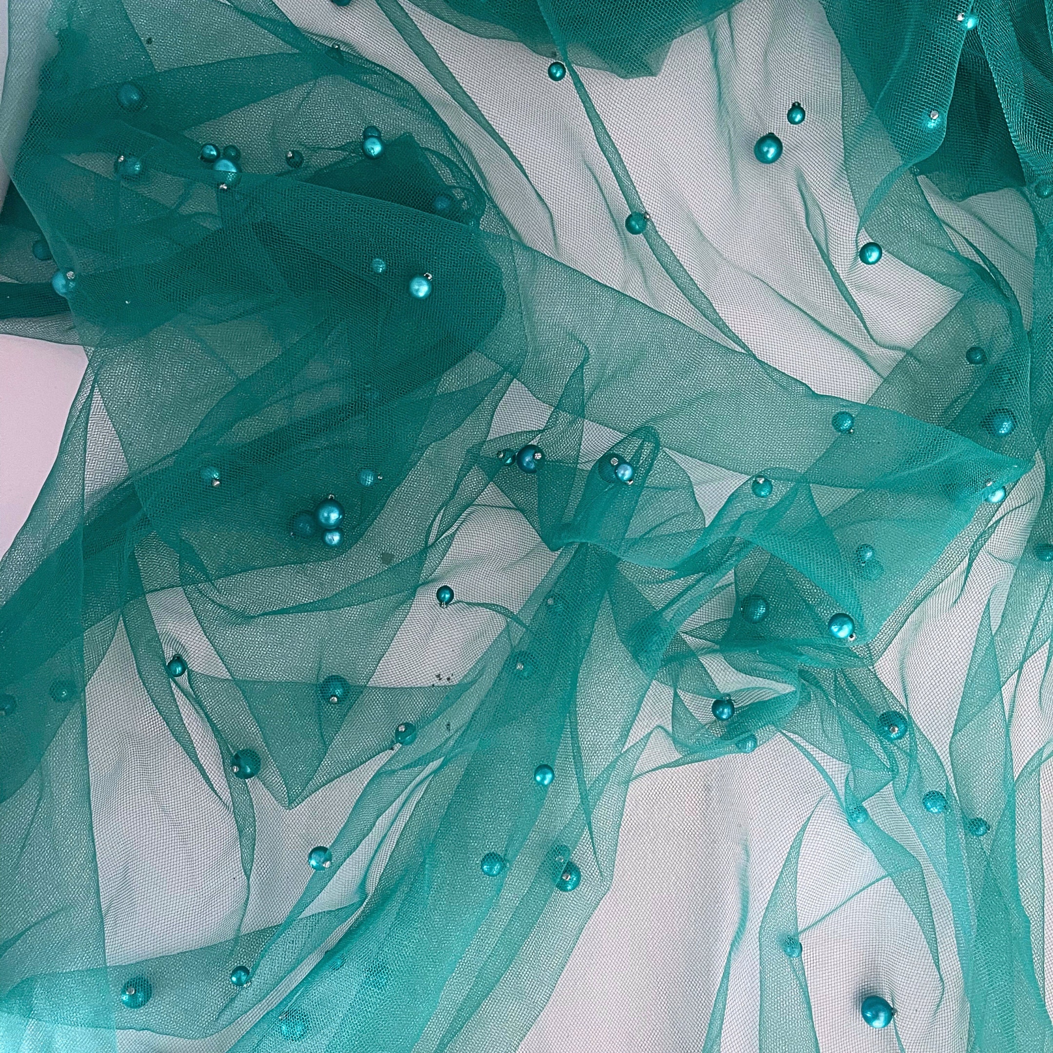 Emerald Green Tulle Fabric Scattered Pearls Studded Mesh Green Fabric ...