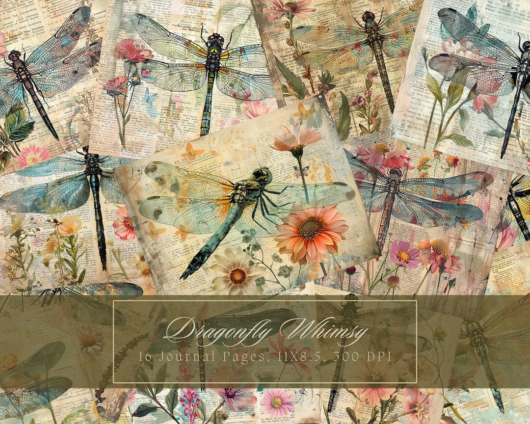 Watercolor Dragonfly Junk Journal Kit Vintage Digital Papers Bohemian ...