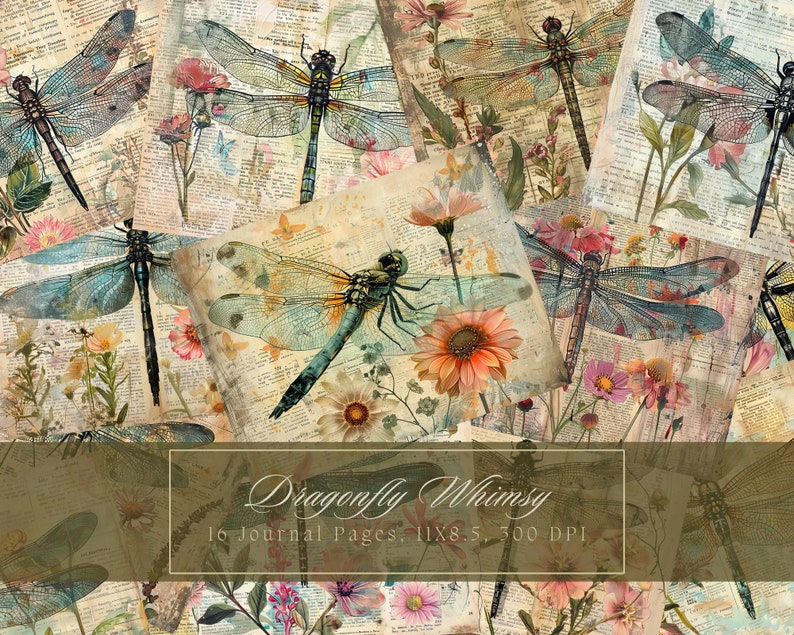 Watercolor Dragonfly Junk Journal Kit Vintage Digital Papers Bohemian ...