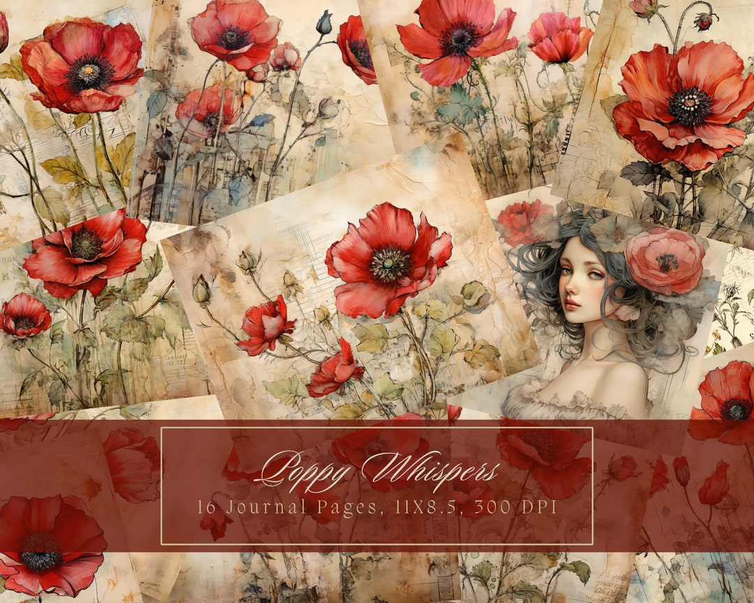 Poppy Junk Journal Kit Vintage Ephemera Journal Poppies Digital Paper ...